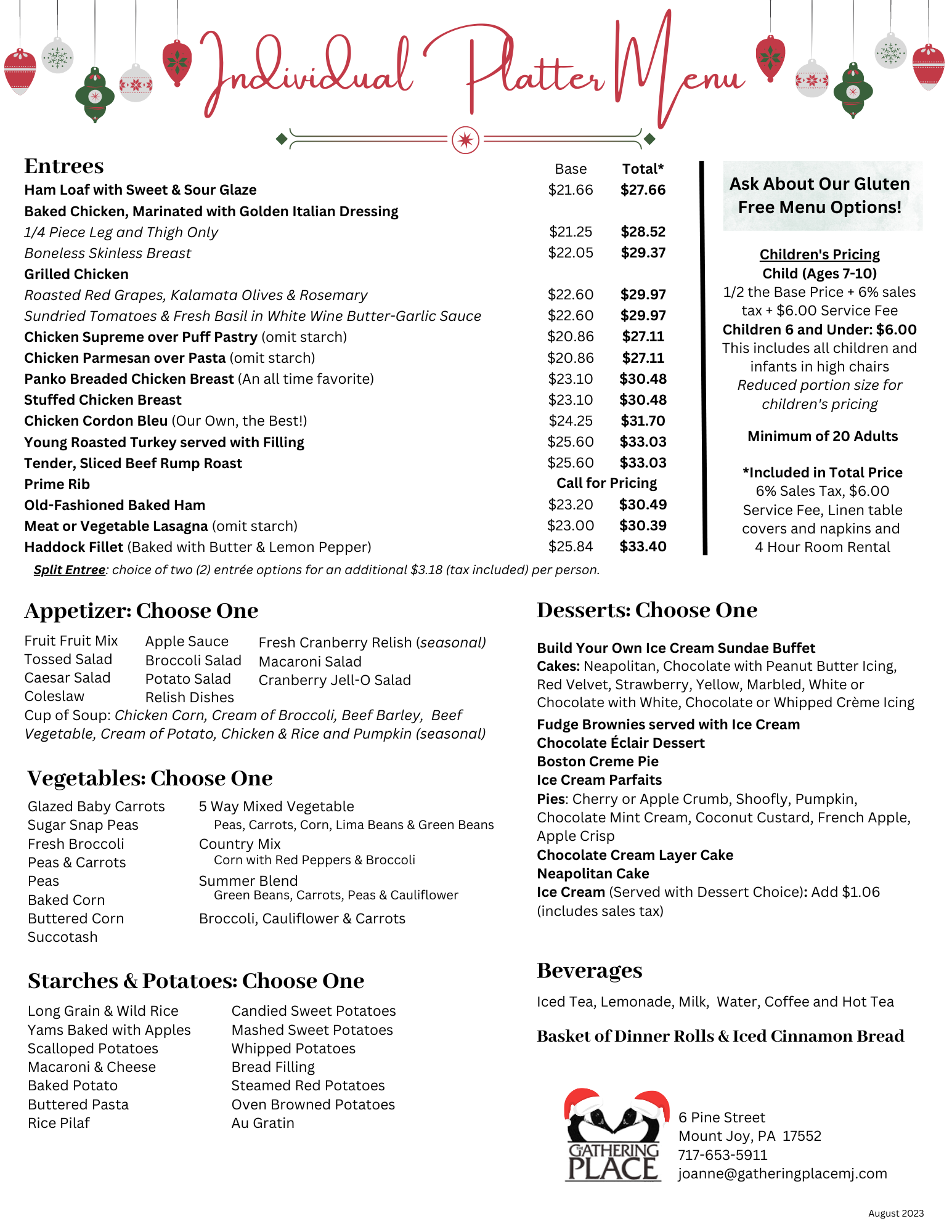 Holiday Platter Menu - The Gathering Place
