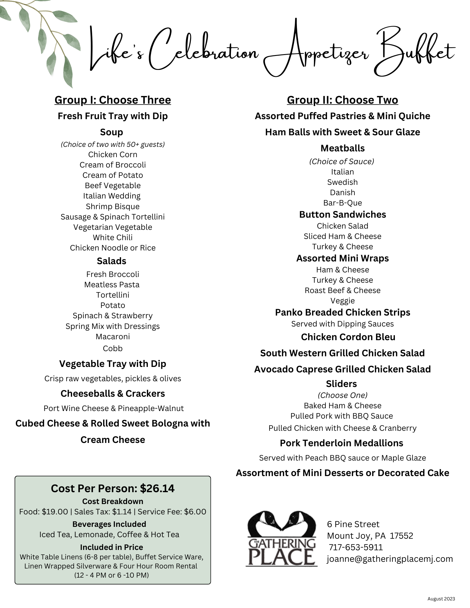 Life Celebrations Menu - The Gathering Place