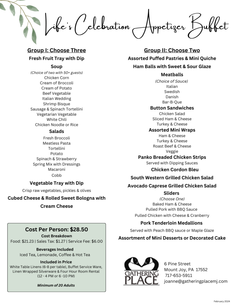 Life Celebrations Menu - The Gathering Place